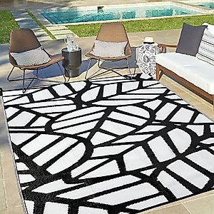 GARTOL 9x12 Outdoor Rug Waterproof, Reversible Plastic Straw Rug for RV, Patio, Backyard, Pool Deck, Picnic, Beach, Camping, Outdoor Carpet Mat (Black & White)