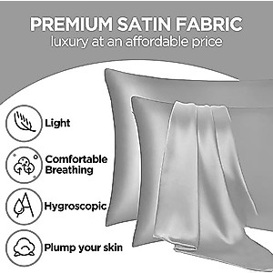 Satin Pillowcases Set of 2 - Mulberry Silk Pillowcase for Hair and Skin, Soft, Smooth, Anti Acne, Beauty Sleep Silk Pillow Cases Covers with Zipper Gifts for Women Men (King（20"X 36"）, Gray)