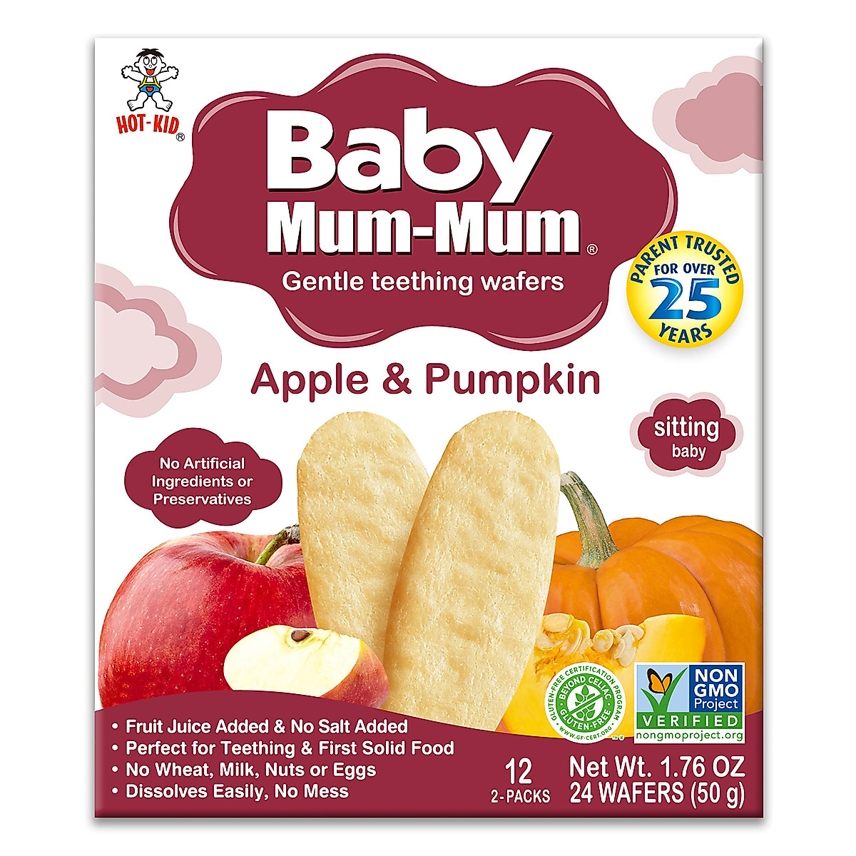 Hot-Kid Baby Mum-Mum Rice Rusks, Apple & Pumpkin, 24 Pieces (Pack of 6) Gluten Free, Allergen Free, Non-GMO, Rice Teether Cookie for Teething Infants