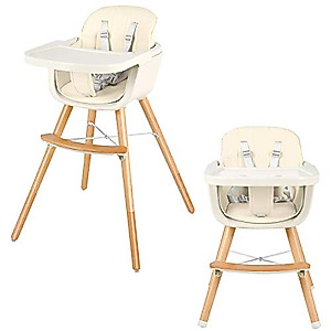 HONEY JOY High Chair, 3-in-1 Eat & Grow Wooden Highchair/Booster Seat/Toddler Chair with Removable Tray, 5-Point Harness, PU Cushion and Footrest for Baby, High Chair for Babies and Toddlers