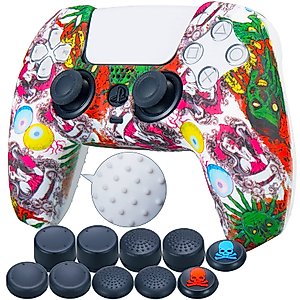 9CDeer 1 Piece of Silicone Transfer Print Protective Cover Skin + 10 Thumb Grips for PlayStation 5 / PS5 Controller Zombie