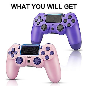 YU33 2 Pack Remote for PS4 Controller, Wireless Gamepad Work for Playstation 4 Controllers, Game Control for PS4 Controller Pro with Joystick, Pa4 Controller for PS4/Silm/PC Purple & Pink