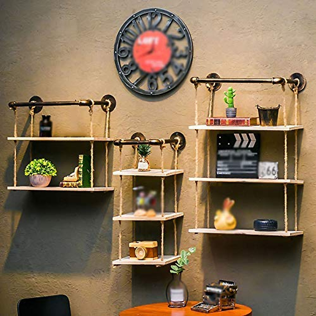 PIBM Stylish Simplicity Shelf Wall Mounted Floating Rack Wooden Industrial Style Water Pipe Hemp Rope Shop Shelf Retro,6 Sizes,2/3 Layers, a , 62.5X18X52CM