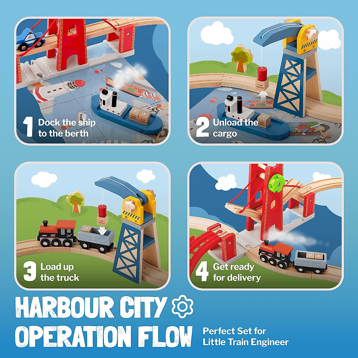 Giant bean 70PCS Wooden Train Set with Battery Locomotive Fits Thomas, Brio, Chuggington, Melissa Tracks, Expandable Toys for 3+ Years Old Girls & Boys