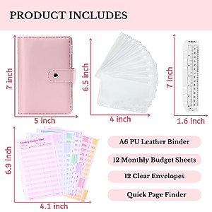Budget Binder Cash Envelope System - A6 Pink Leather Binder with 6 Rings, 12 Clear Cash Envelopes 12 Budget Sheets Complete Money Organizer Set Money Planner, Expense Tracker, Saving & Budgeting Set