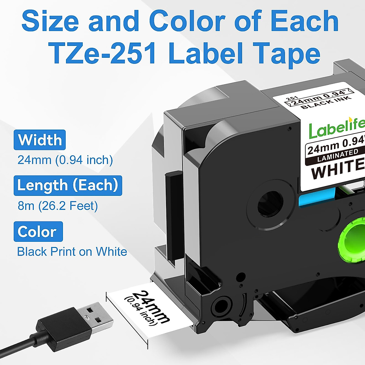Labelife TZe-251 24mm Label Tape Replacement for Brother P Touch TZe TZ Label Tape 24mm 0.94 Laminated White TZe251 TZ-251 for Brother Ptouch PT-D600 PT-D610BT PT-P710BT Label Maker, 1 Inch, 4-Pack