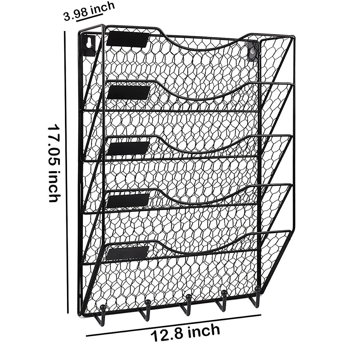 COSYAWN 5 Tier Wall File Holder with Hook, Hanging Mail Organizer Metal Chicken Wire Wall Mount Magazine Rack with Label Panel, Black