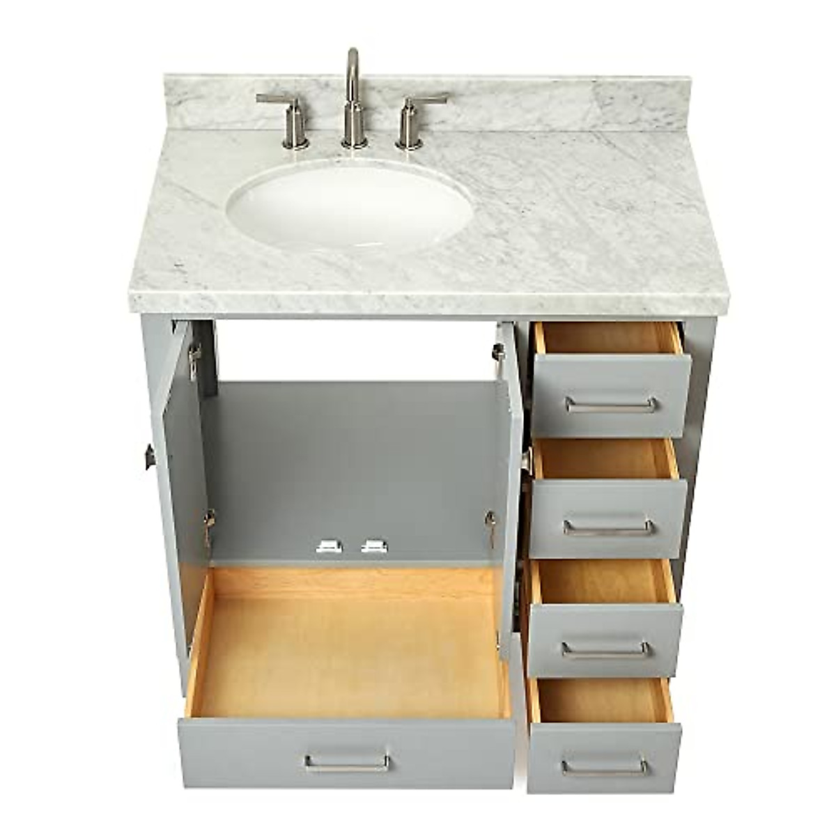 ARIEL 37" Grey Bathroom Vanity with 1.5" Edge Italian Carrara Marble Countertop & Backsplash, Left Oval Sink, 2 Soft Closing Doors, 5 Full Extension Dovetail Drawers, Brushed Nickel