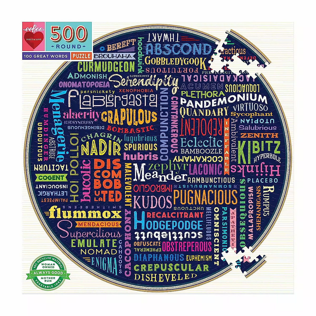 eeBoo: Piece and Love 500 100 Great Words Piece Round Circle Jigsaw Puzzle, Puzzle for Adults and Families, Glossy, Sturdy Pieces and Minimal Puzzle Dust