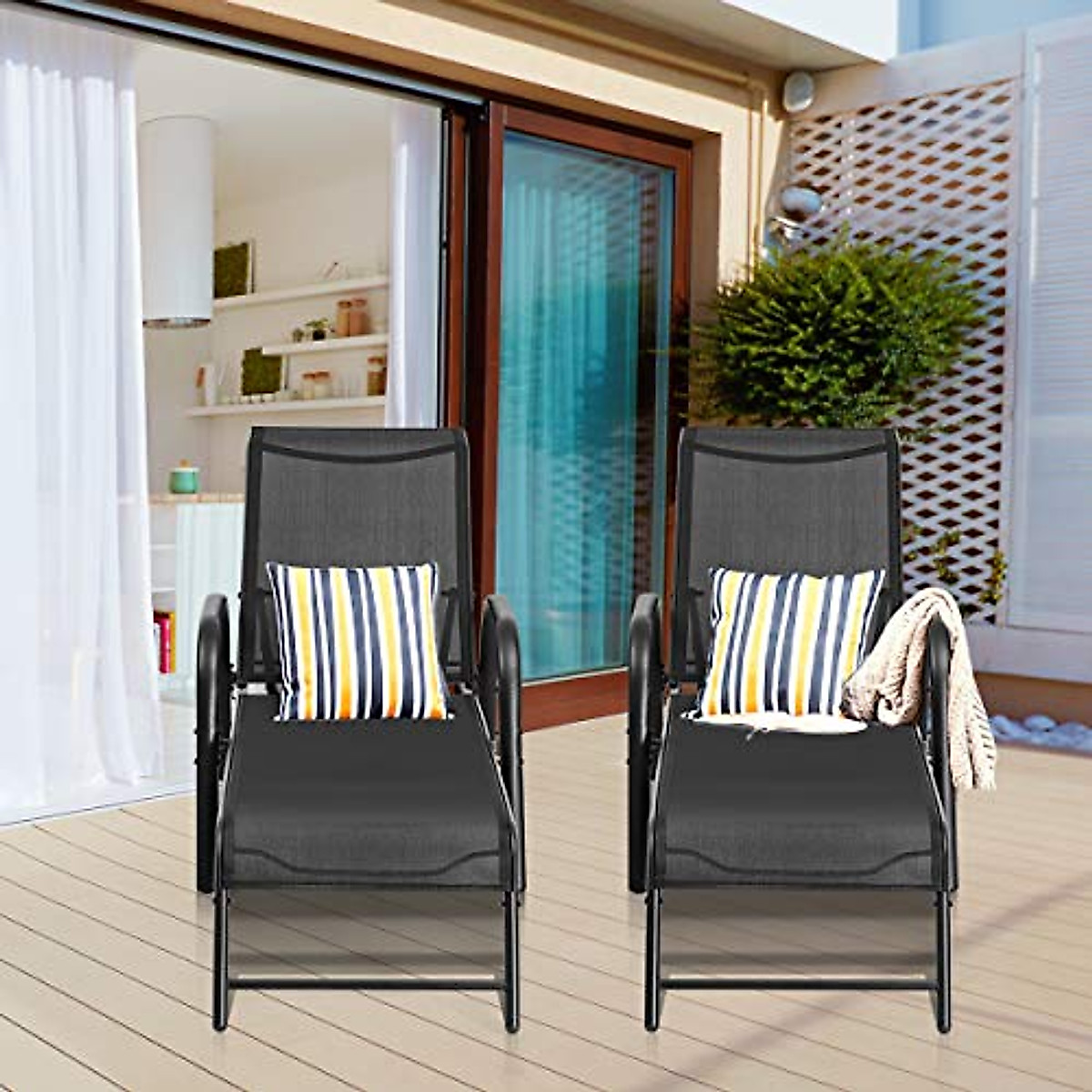 Tangkula Outdoor Patio Lounge Chaise, (Set of 2) Adjustable Folding Reclining Lounge Chairs, 5-Position Backrest Adjustment, Sling Chaise for Patio Beach Porch Swimming Poolside