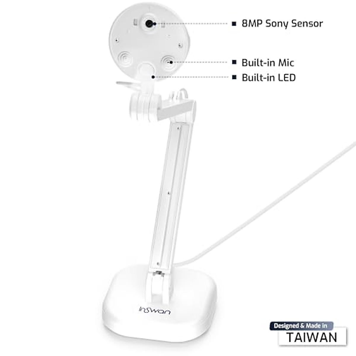 INSWAN INS-1 USB Document Camera — 8MP Ultra HD, Auto Focus, LED Light, Built-in Microphone, Mac OS, Windows, Chromebook Compatible for Distance Learning, Remote Teaching, Web Conferencing, Live Demo