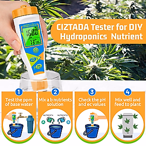 CIZTADA pH Meter for Water Digital EC and PPM Meter for Hydroponics Nutrient 4 in 1 pH EC TDS Temperature Tester with Large Display for Indoor Plant Grow DWC Setup Aeroponic Pool Aquarium