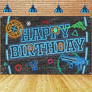Laser Tag Gun Backdrops Neon Happy Birthday Banner Happy Birthday Backdrop Gaming Backgrounds for Boys Wall Decorations 6 x 3.6 Feet Birthday Party Neon Glow Party Photography Banner Photo Booth