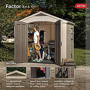 Keter Factor 8x6 Large Resin Outdoor Shed for Patio Furniture, Lawn Mower, and Bike Storage, Taupe/Brown