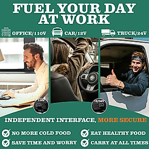 Buddew Electric Lunch Box 80W Food Heater 3 in 1 12/24/110-230V Portable Lunch Warmer Upgraded Leakproof Heated Lunch Box for Car/Truck/Office with SS fork & Spoon and Insulated Carry Bag(Green)