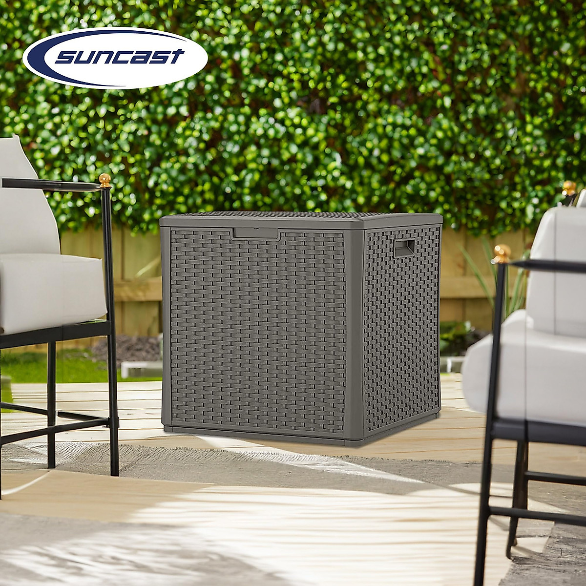 Suncast 60 Gallon Outdoor Weather Resistant Hard Plastic Storage Cube Deck Box Bin with Handles and Lid for Patio, Garden, or Shed, Stoney