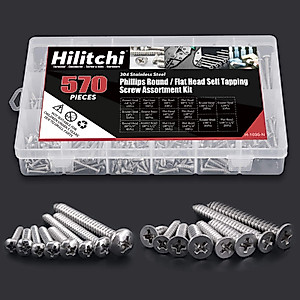 Hilitchi 570 Piece M 3 4 5 6 Stainless Steel Phillips Round Flat Head Self Tapping Screw Assortment Kit