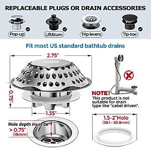 zaa Bathtub Drain Stopper, Upgraded 2in1 Tub Stopper Bathtub Drain Cover and Hair Catcher, Pop Up Bathtub Drain Plug, Replaces Lift & Turn, Tip-Toe or Trip Lever, for 1.46-2" W Drain Hole, Silver