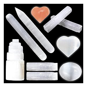 7 pcs Selenite Sampler Set / Healing Kit: 1 Selenite Tower, Palm Stone-1 Oval 1 Heart, 3 Wands-Blunt Pointed and Raw,and 1 Desert Rose with a Certificate of Authenticity