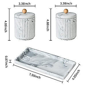 Redelaenor Marble Small Bathroom Jar Set ，Ceramic Cotton Swabs Holder with Lid and Dresser Organizer Set Tray for Storage and Organizing in Bathroom, Dresser, Kitchen, Office