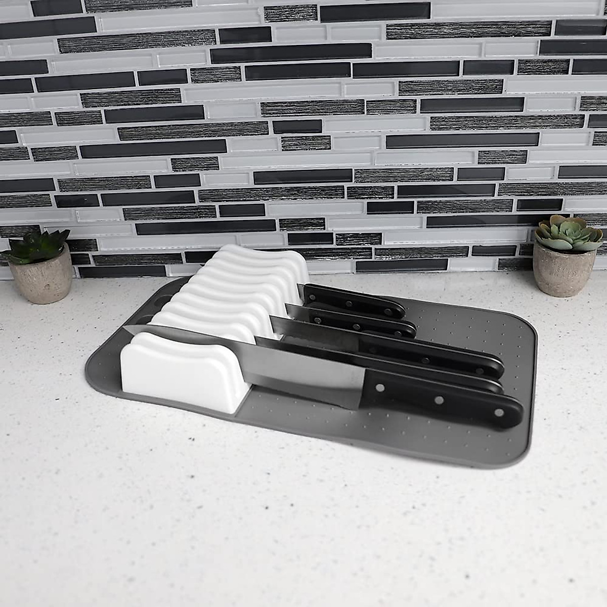 11 Slot Kitchen Knife Storage Mat (Grey/White), By Home Basics | Kitchen Knife Storage For Steak, Pairing, and Santoku Knives | Knive Storage For Drawer