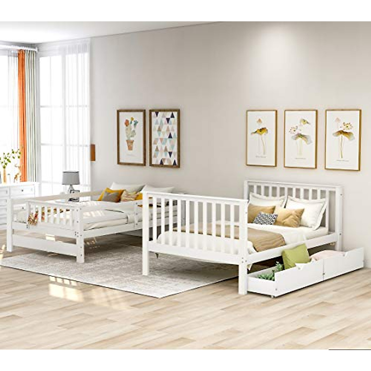 Harper & Bright Designs Full Over Full Bunk Beds with Storage Drawers and Stairway, Wood Bunk Bed Frame, Convertible Bunk Bed for Kids, Teens, Bedroom, Guest Room Furniture (White)