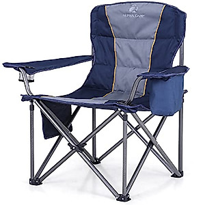 ALPHA CAMP Oversized Camping Folding Chair Heavy Duty with Cooler Bag Support 450 LBS Steel Frame Collapsible Padded Arm Quad Lumbar Back Chair Portable for Lawn Outdoor,Blue