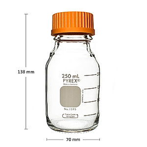 Pyrex Round Media Storage Bottle with GL45 Screw Cap - Borosilicate Glass Bottles with Caps - Premium Scientific Glassware for Labs, Classrooms or Home Use Glass Container, 250mL, 2/Pk