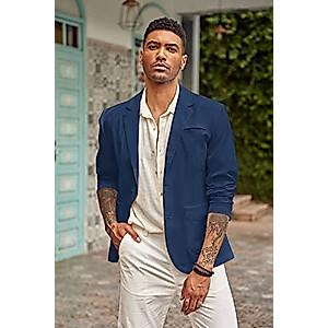 COOFANDY Men's Navy Blazer Casual Linen Sport Coat Lightweight Two Buttons Suit Jacket