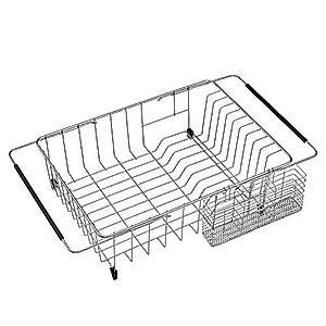 Slideep Expandable Dish Drying Rack, 202 Stainless Steel Over The Sink Dish Rack, in Sink or On Counter Dish Drainer with Steel Removable Utensil Holder