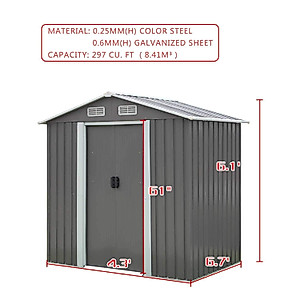 Outdoor Storage Shed 6 x 4 Feet Utility Tool Shed Garden Vents kit with Waterproof Garage Galvanized Steel Parts with Grey Sliding Grey Doors