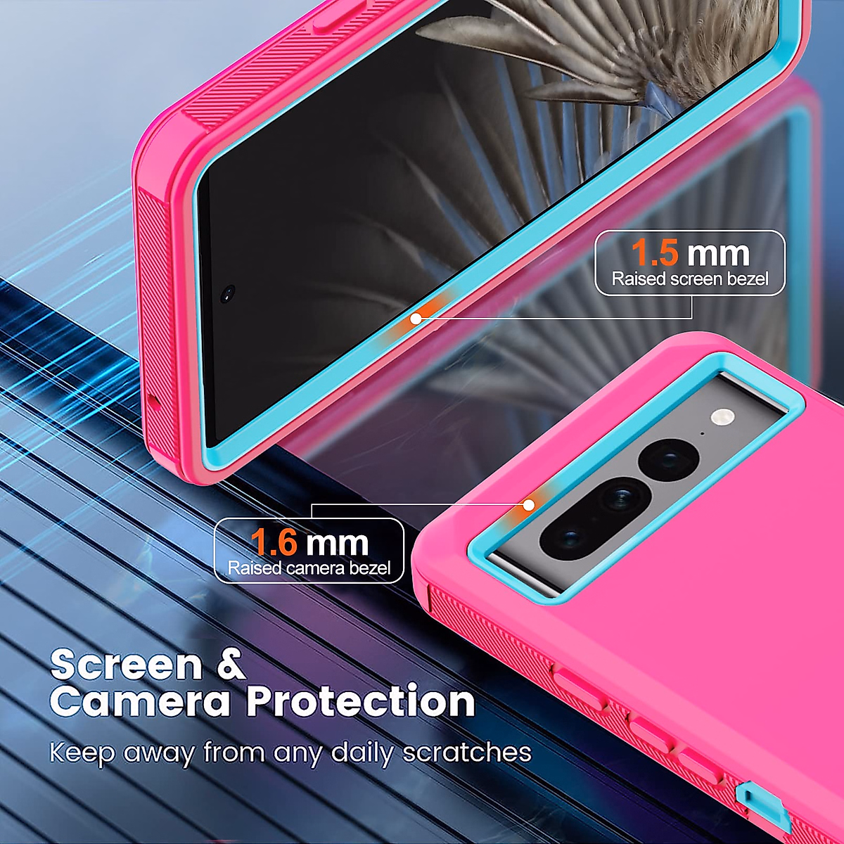 Annymall for Google Pixel 7 Pro Case with 2 Screen Protector,Full Body Shockproof Drop Protection Dustproof Heavy Duty Military Rugged Durable Cover for Google Pixel 7 Pro 6.7" (Pink/Blue)