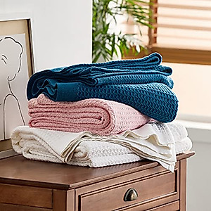 Bedsure 100% Cotton Blankets Queen Size for Bed - 405GSM Waffle Weave Blankets for Summer, White Soft Lightweight Woven Blankets for All Seasons, 90x90 inches