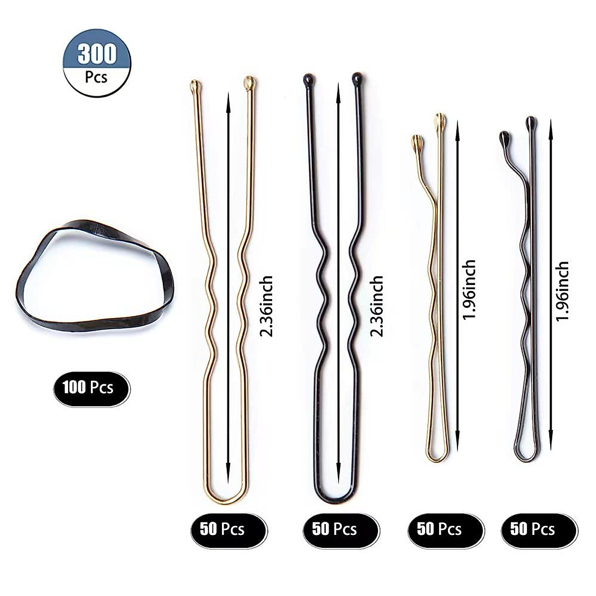 300 Pcs Hair Pins Kit, Including 100 Pcs Bobby Pins, 100 Pcs U Hair Pins, 100 Pcs Black Rubber Hair Bands, Hair Pins for Kids Girls and Women, Made of Metal, Not Easy to Fade, Which is Durable to be