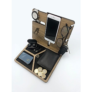 Wooden Phone Docking Station Hockey Figure Printed Wallet Stand,Watch Stand,Key Holder,Gift for Men and Women,Birthday,Graduation,Anniversary