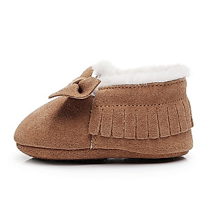 HONGTEYA Baby Moccasins with Fur Fleece Rubber Soles Warm Snow Boots Leather Baby Shoes for Boys Girls (6-12m/4.92", Bow-Brown)