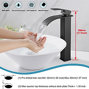 Midanya Waterfall Spout Bathroom Faucet Single Handle 1 Hole Bathroom Sink Faucet,Vessel Sink Faucet Modern Tall Waterfall Faucet for Bathroom Sink Lavatory Vanity one Hole Bowl Tap,Matte Black