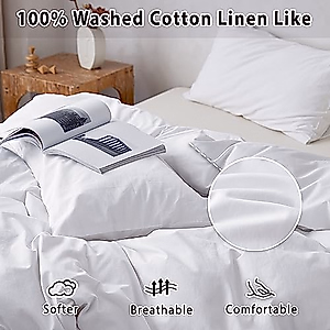 TOCOMOA Duvet Cover Set Queen Size, 100% Washed Cotton Like Linen Textured, 3 Piece White Bedding Set Soft Breathable, Ideal for Sweating Groups, Simple Style Farmhouse Comforter Cover