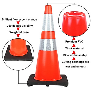 Reliancer 6PCS 28" Traffic Cones PVC Safety Road Parking Cones with Black Weighted Base w/6"&4" Reflective Collars Fluorescent Orange Hazard Cones Construction Cones for Traffic or Home Improvement