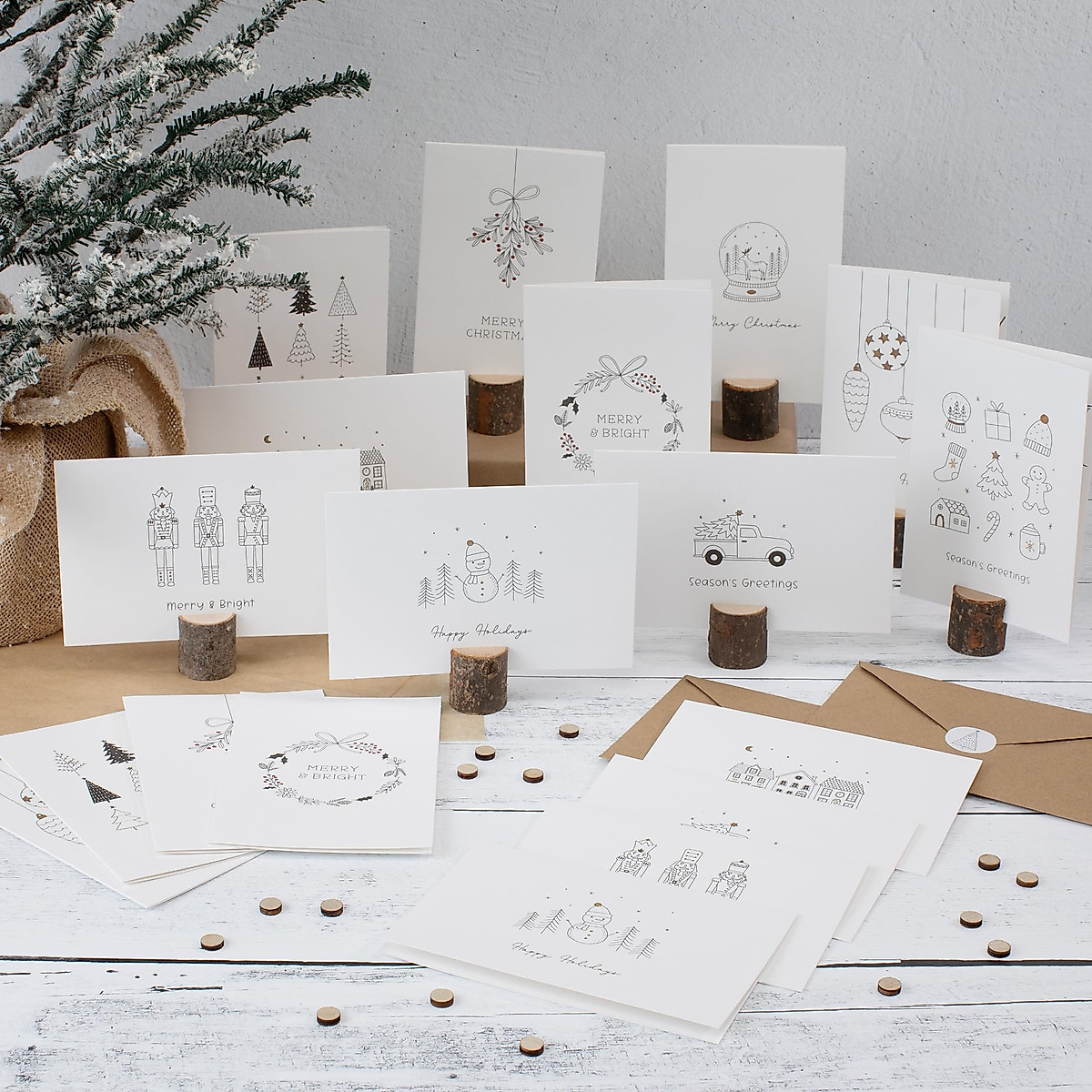 ZICOTO Beautiful Doodle Christmas Cards Set of 20 - Incl. Bulk Envelopes, Matching Stickers And Storage Box - Perfect to Send Warm Holiday Wishes to Friends and Family