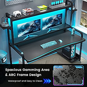 SEDETA Gaming Desk, 55" Computer Desk with Shelves, LED Lights, Hutch & Monitor Shelf, Large PC Gamer Desk Workstation, Gaming Table for Bedroom, Studying Writing Desk for Home Office, Black