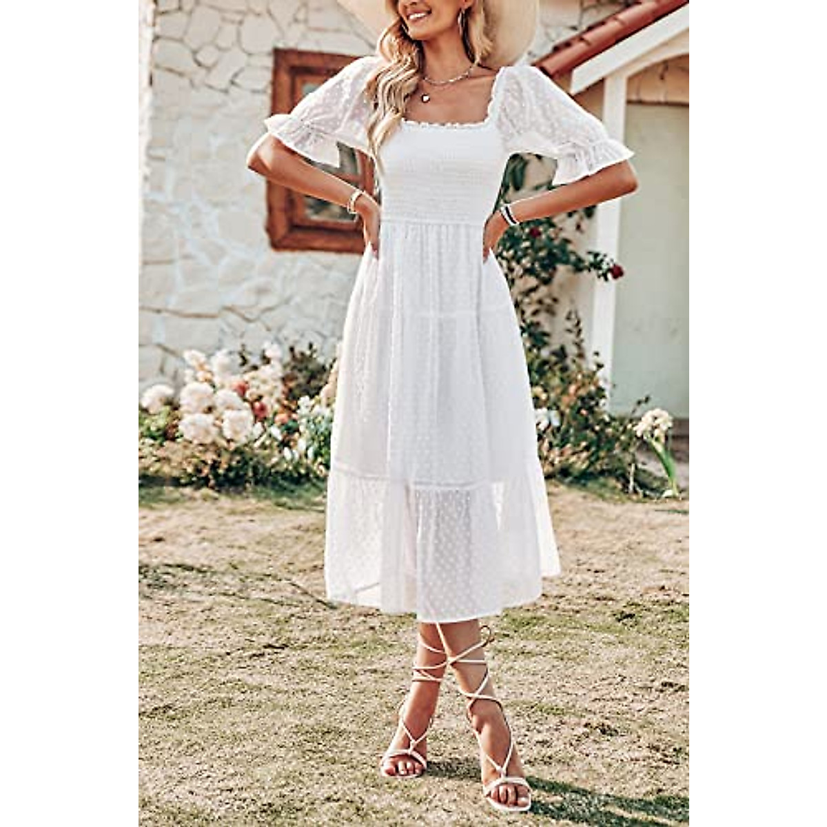 MEROKEETY Women's White Dress Summer Square Neck Puff Sleeve Boho Midi Dress Swiss Dot Ruffle Flowy Tie Back Dress, White, S