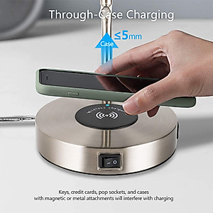 Wireless Charger Table Lamp, Bedside Lamp with USB Port and Wireless Charging Pad, Nightstand Lamp with Round Flaxen Fabric Shade for Bedroom Living Room College Dorm Office, Satin Nickel