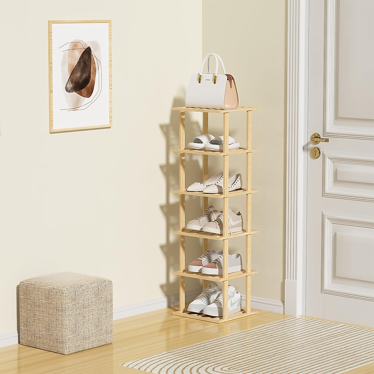 Bamboo Shoe Rack - Vertical Shoe Rack for Small Spaces, Skinny Shoe Shelf Space Saving Storage, Tall Vertical Narrow Shoe Rack for Front Door Entrance Closet Corner Garage