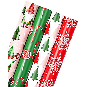 WRAPAHOLIC Christmas Wrapping Paper Roll - Red, Green and Pink Christmas Gnome Elf Holiday Collection - 4 Rolls - 30 Inch x 120 Inch Per Roll