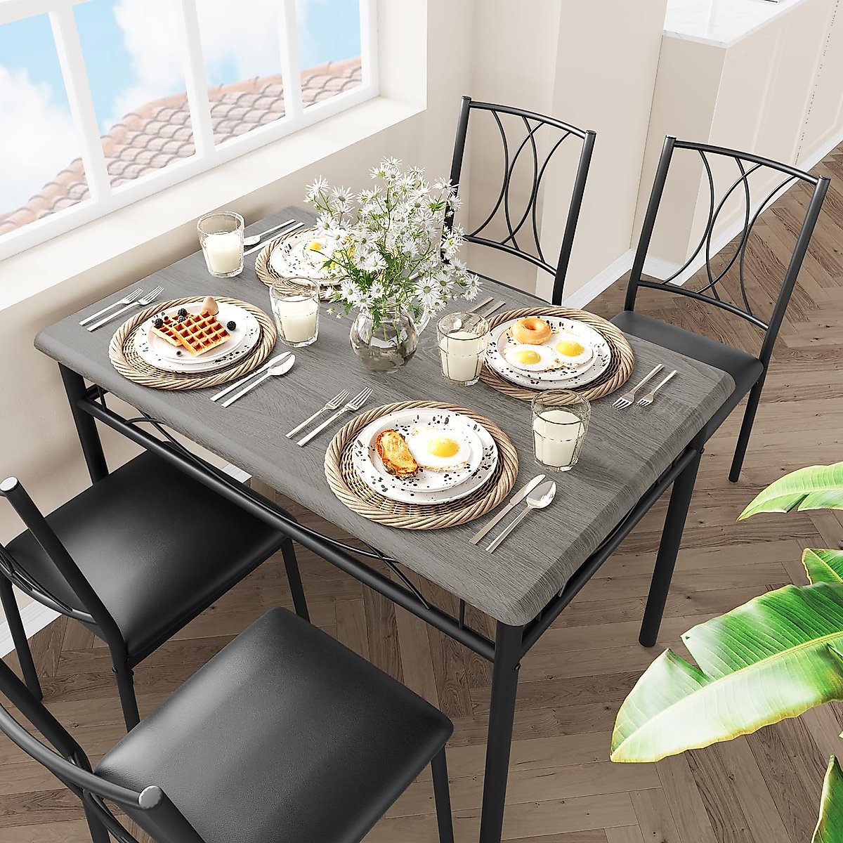 IDEALHOUSE Dining Table Set for 4, Kitchen Table and Chairs for 4, Rectangular Dining Room Table Set with 4 Upholstered Chairs, 5 Piece Dining Table Set for Small Space, Apartment, Rustic Gray