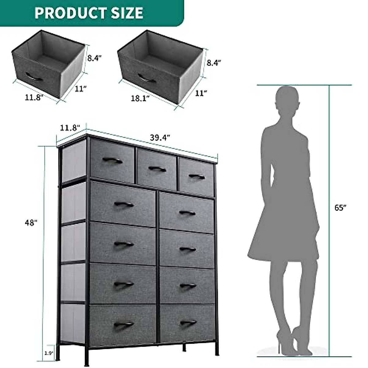 YITAHOME 11-Drawer Fabric Dresser, Dresser for Bedroom, Hallway, Nursery, Closets, Tall Chest Organizer Unit with Sturdy Steel Frame, Wooden Top, Cool Grey