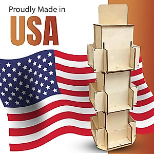 Rotating Greeting Card Display Stand, 3 Tier Wooden Organizer, 4-Sided Display Rack Spinning Multi-Pocket Display for Coasters, Stickers, Retail, Tradeshow - A4, A6, A7, 5"x7", 4 bar (Natural)