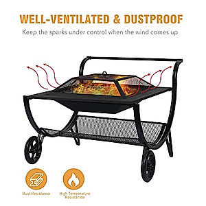 HARBOURSIDE Patio 27 Inch Fire Pits Outdoor Wood Burning with Wheels, Steel Square Firepit with Grill, Grate, Spark Screen, Fire Poker, Portable Fire Pit for Outside Fireplace