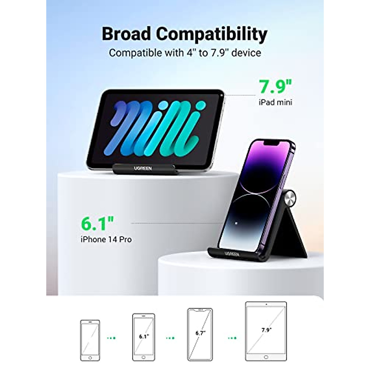 UGREEN Cell Phone Stand for Desk Phone Holder Foldable Portable Adjustable Compatible with iPhone 14 13 Pro Max, iPhone 12 11 Plus SE XS XR 8 7, Office Desk Travel Accessories, Black